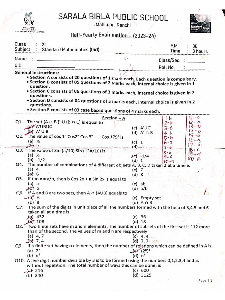 Xi Question Paper SBPS | PDF