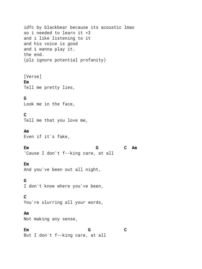 Acoustic Cover of "idfc" by blackbear | PDF | Poetry