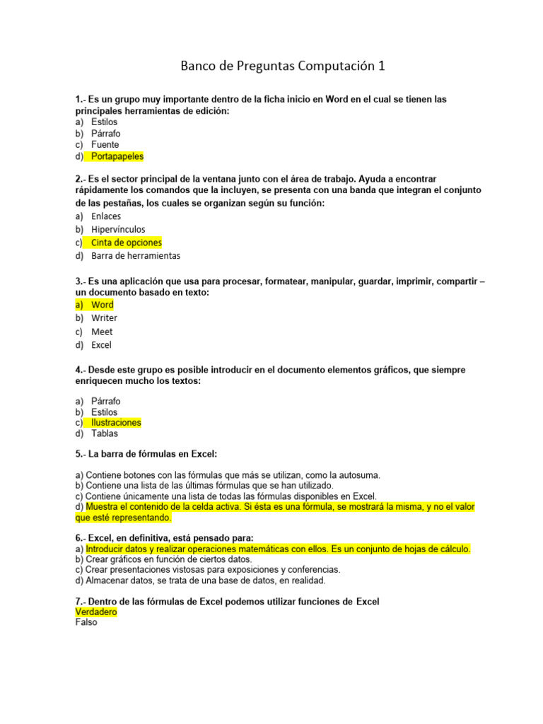 Banco de Preguntas Compu1 - Virtual - V4 | PDF | Microsoft Excel | Hoja de cálculo