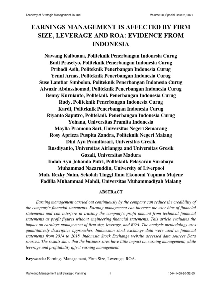 Earnings Management Is Affected by Firm Size, Leverage and Roa ...