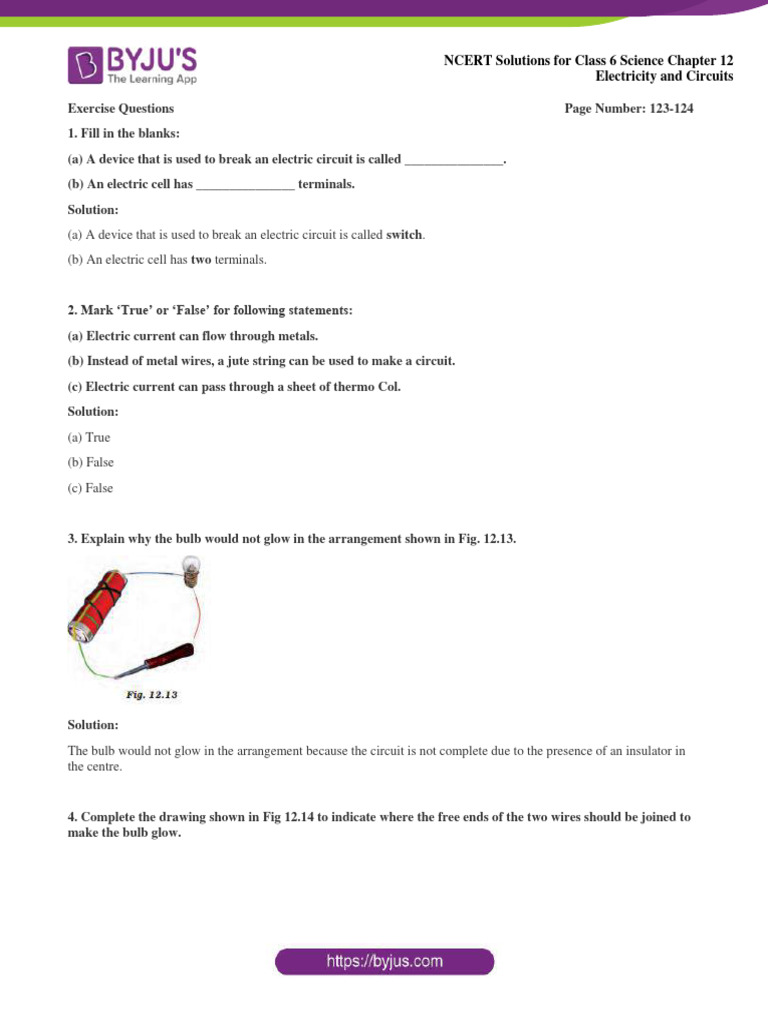 NCERT Solutions For Class 6 April 3 Science Chapter 12 Electricity and ...