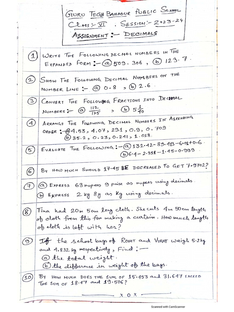Class Vi Maths Decimals Assignment Questions | PDF