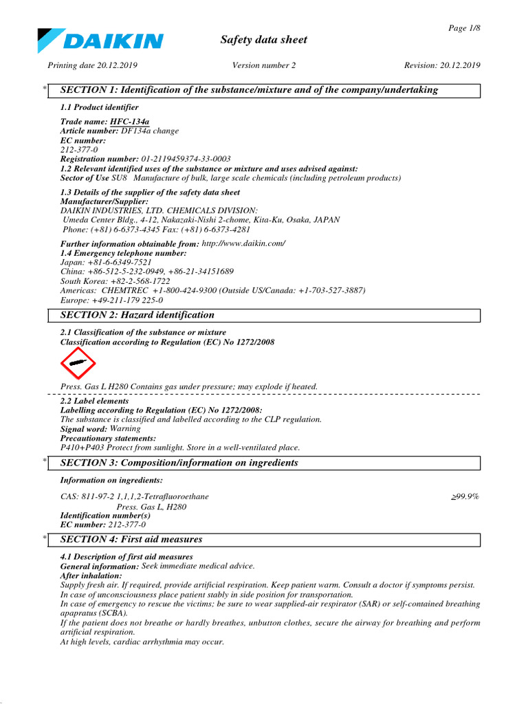 DAIKIN R134a MSDS | PDF