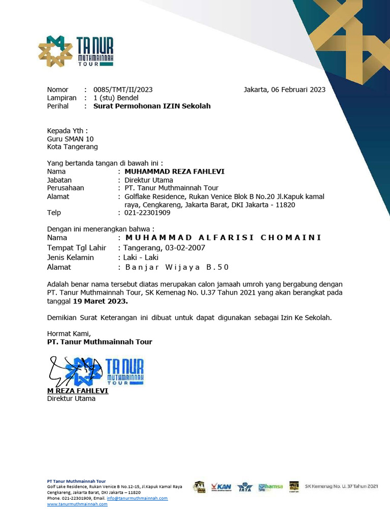 0085 TMT - Izin Sekolah Alfarisi | PDF