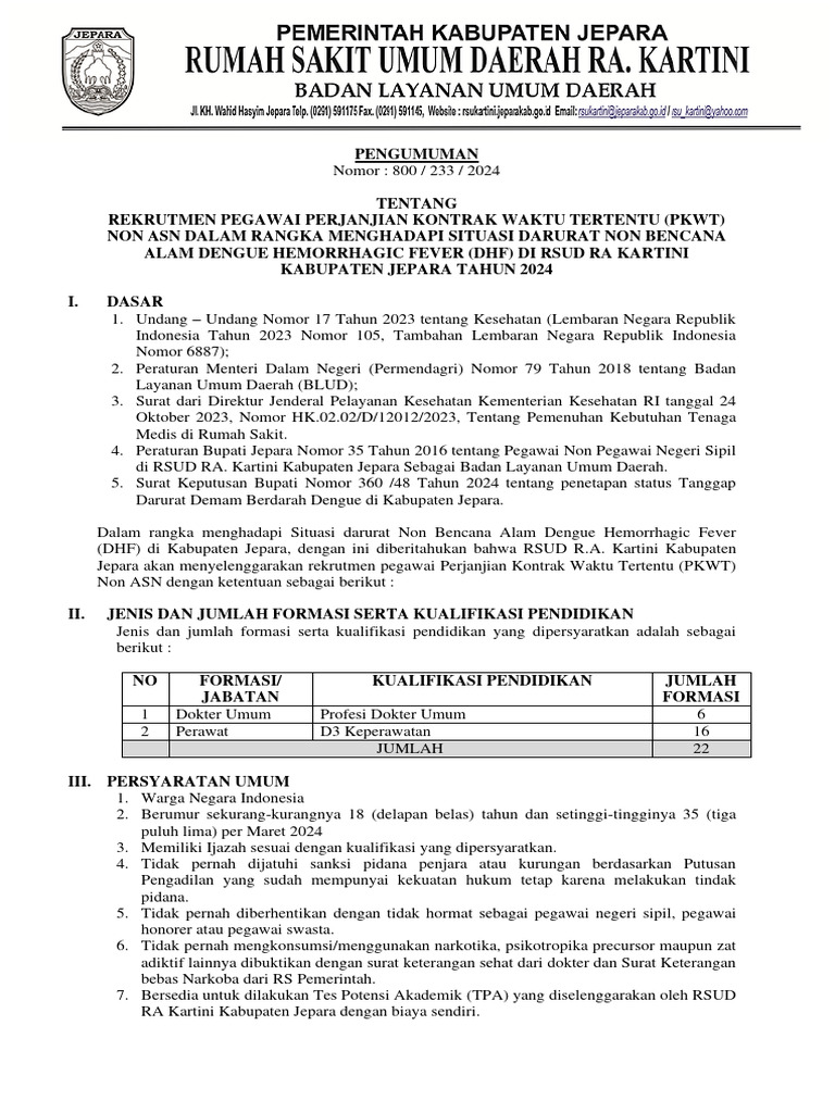 Rekrutmen Pegawai PKWT Rsud Ra Kartini 2024 | PDF