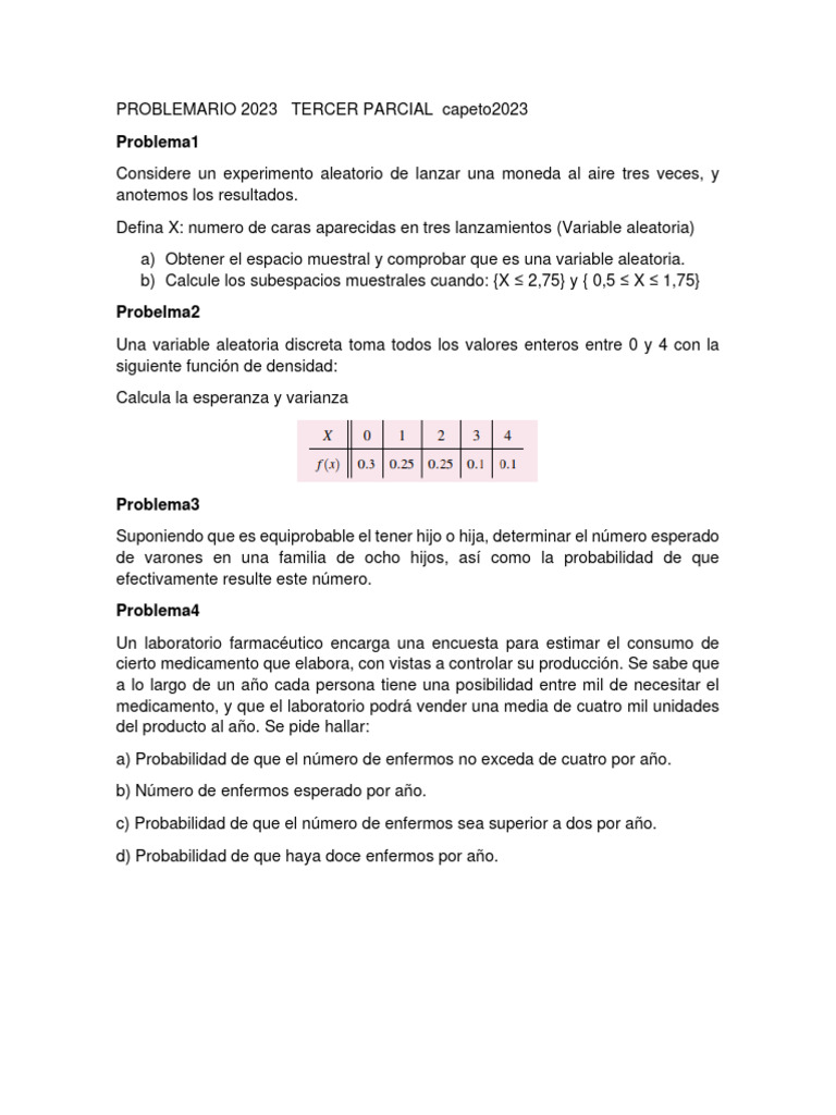 Problemario 3 Parcial 2023 | PDF | Variable aleatoria | Función de densidad de probabilidad