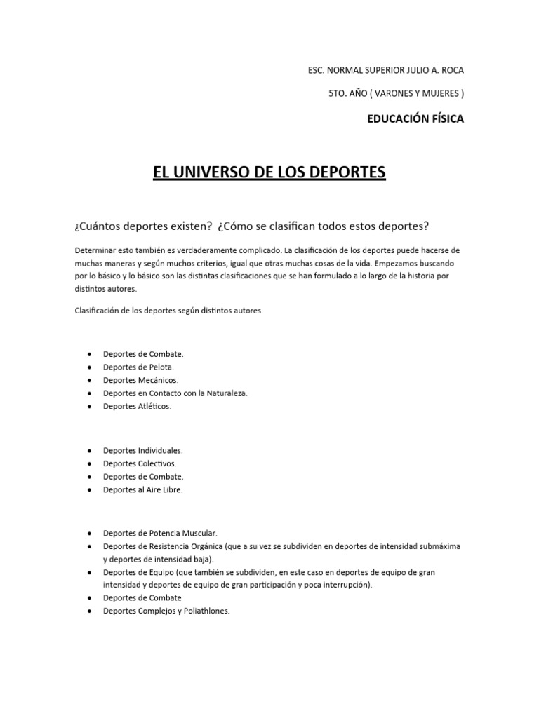Clasificación de Deportes y Ejemplos | PDF | Deportes olímpicos ...