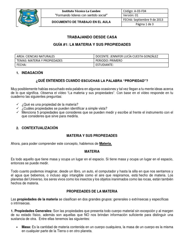 Guia 1 - La Materia y Sus Propiedades | PDF