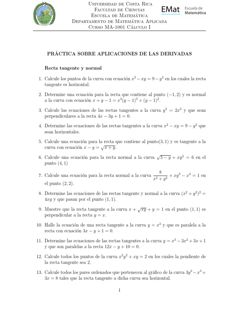Práctica Aplicaciones de Derivadas | Descargar gratis PDF | Curva | Pendiente