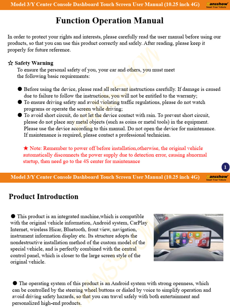 Hansshow Model 3Y Center Console Dashboard Touch Screen User Manual (10.25 Inch 4G) | PDF ...