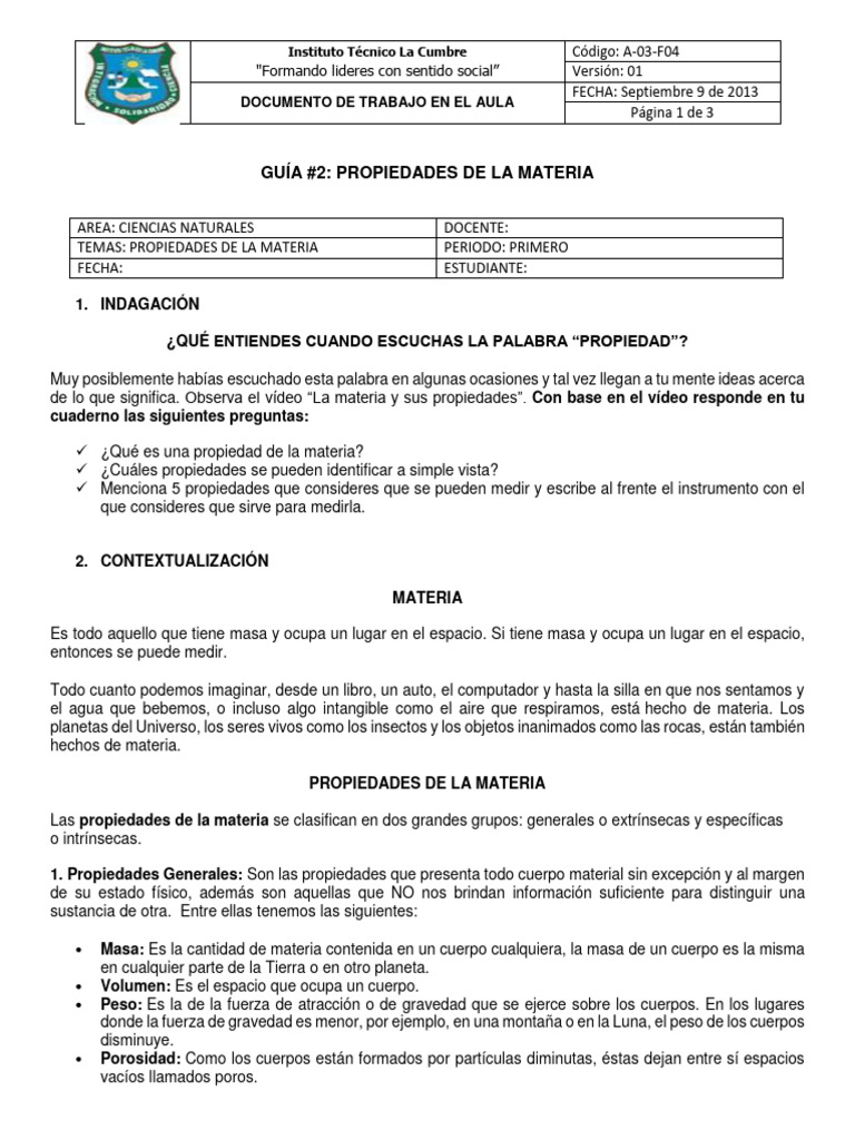 Guía Propiedades de la Materia | PDF | Importar | Sustancias químicas
