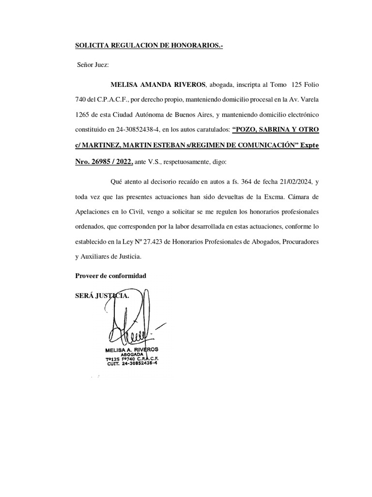 Solicita Regulacion de Honorarios | PDF