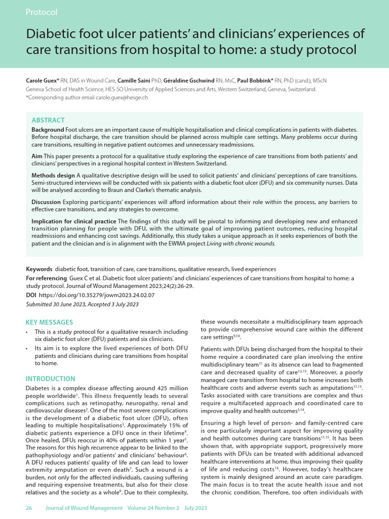 Diabetic Foot Ulcer Patients' and Clinicians' Experiences of Care ...