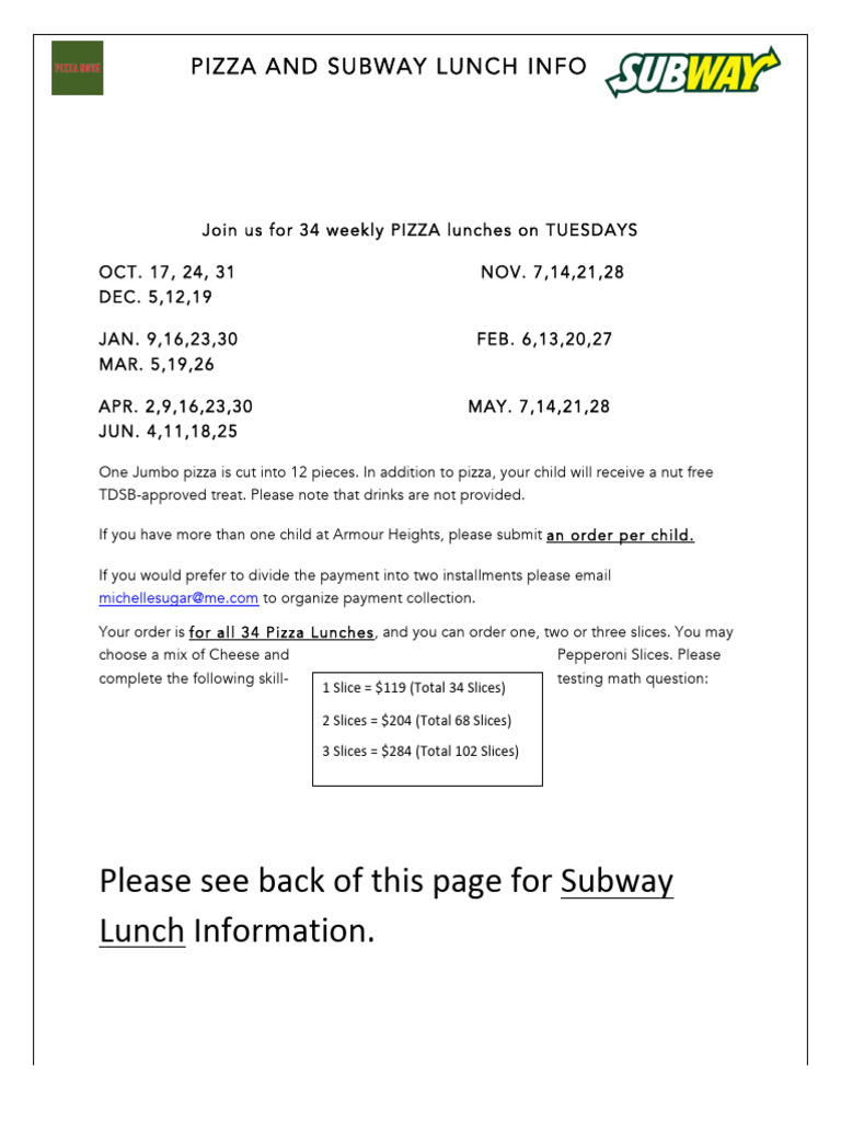 Pizza and Subway Lunch Sheet 2023-34 Week Version | PDF | Pizza | Sandwich