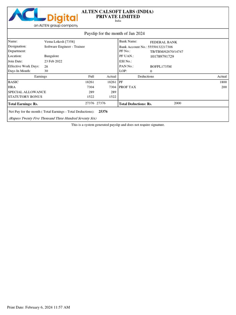 Payslip Jan 2024 | PDF