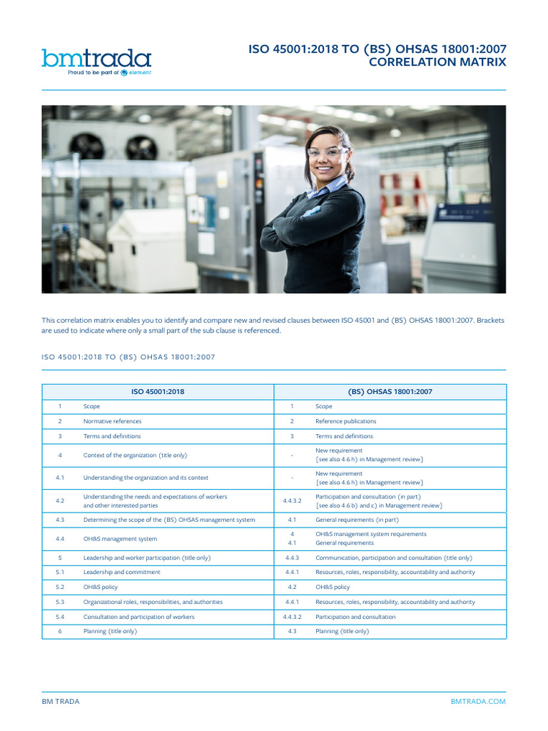 BM TRADA Correlation Matrix ISO 45001 OHSAS 18001 | PDF | Risk ...