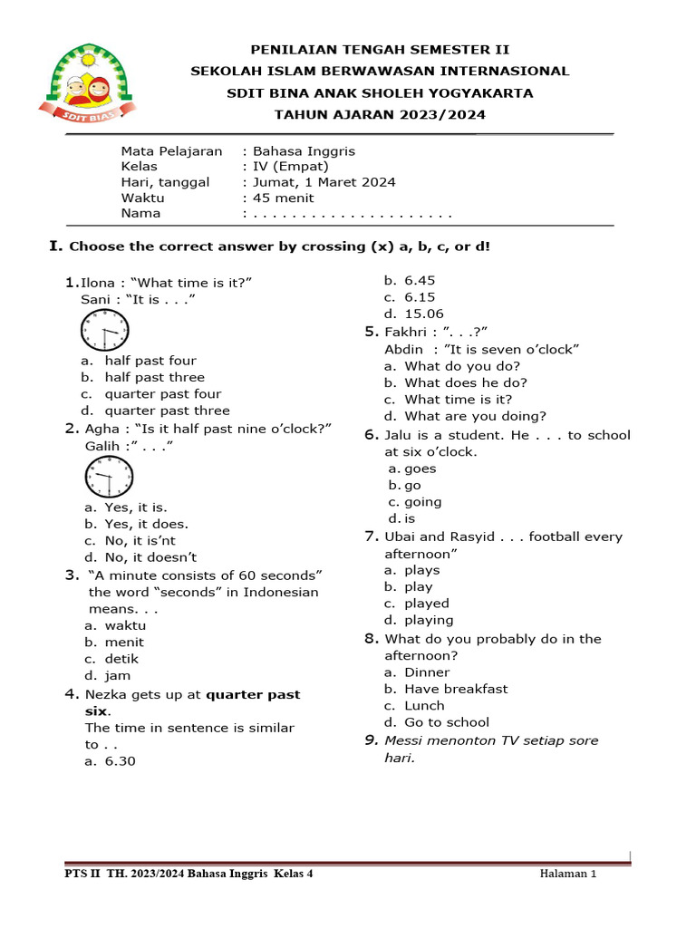 Pts Bahasa Inggris Kelas 4 SMT II 2023-2024 | PDF