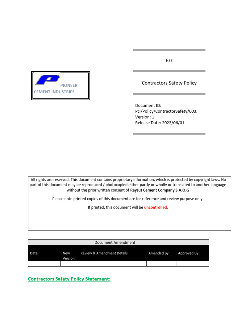 Contractor Safety Policy | Download Free PDF | Safety | Regulatory ...