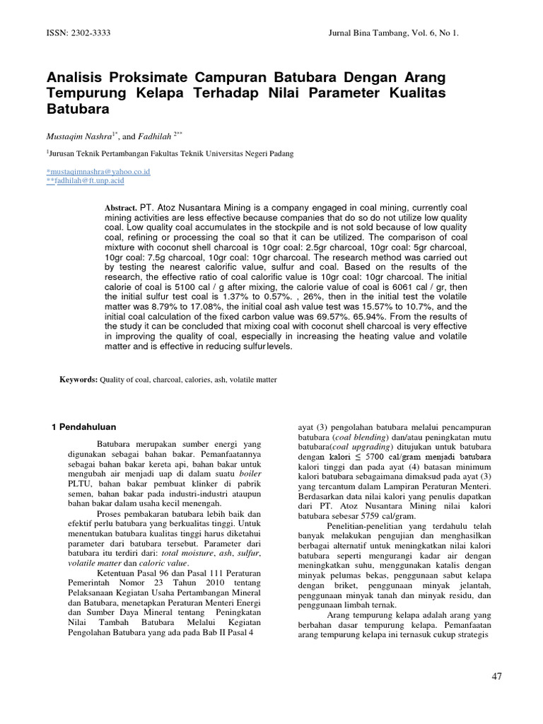 Nalisis Proksimate Campuran Batubara Dengan Arang Tempurung Kelapa Terhadap Nilai Parameter ...