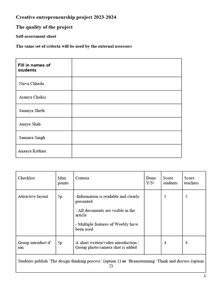 Self Assessment Worksheet | PDF