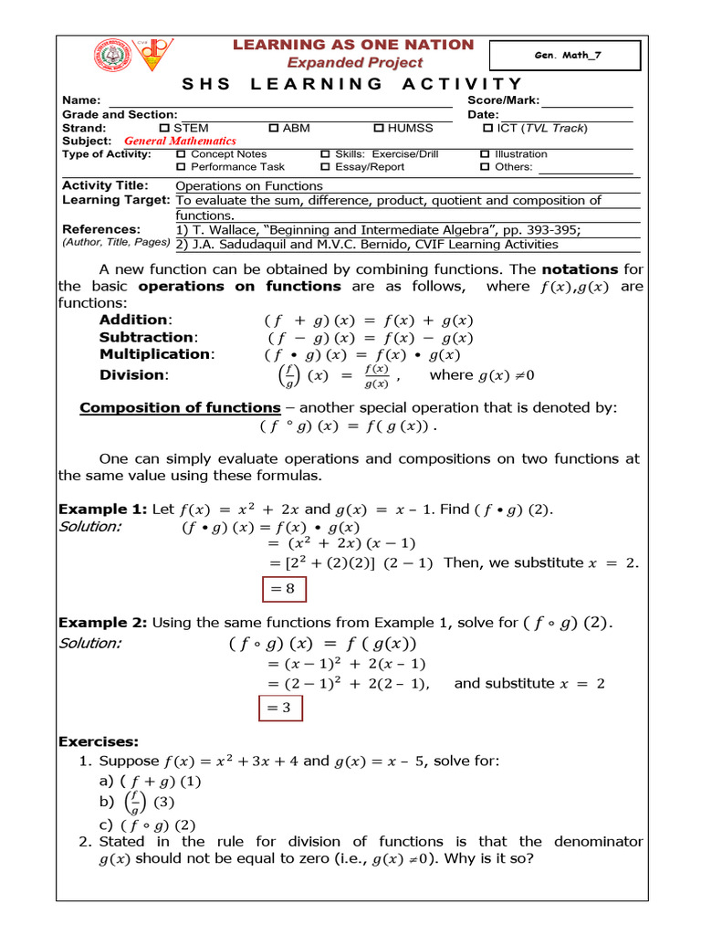 Gen Math LAS 7 Operations On Functions | PDF