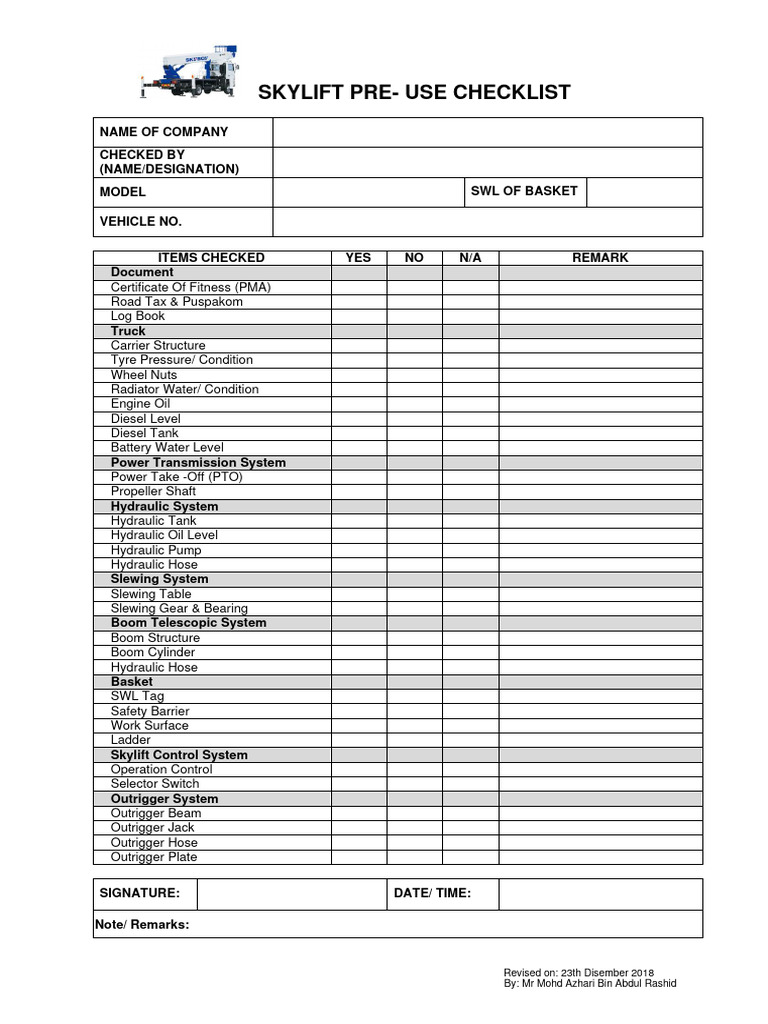 Skylift Inspection Checklist | PDF | Computers