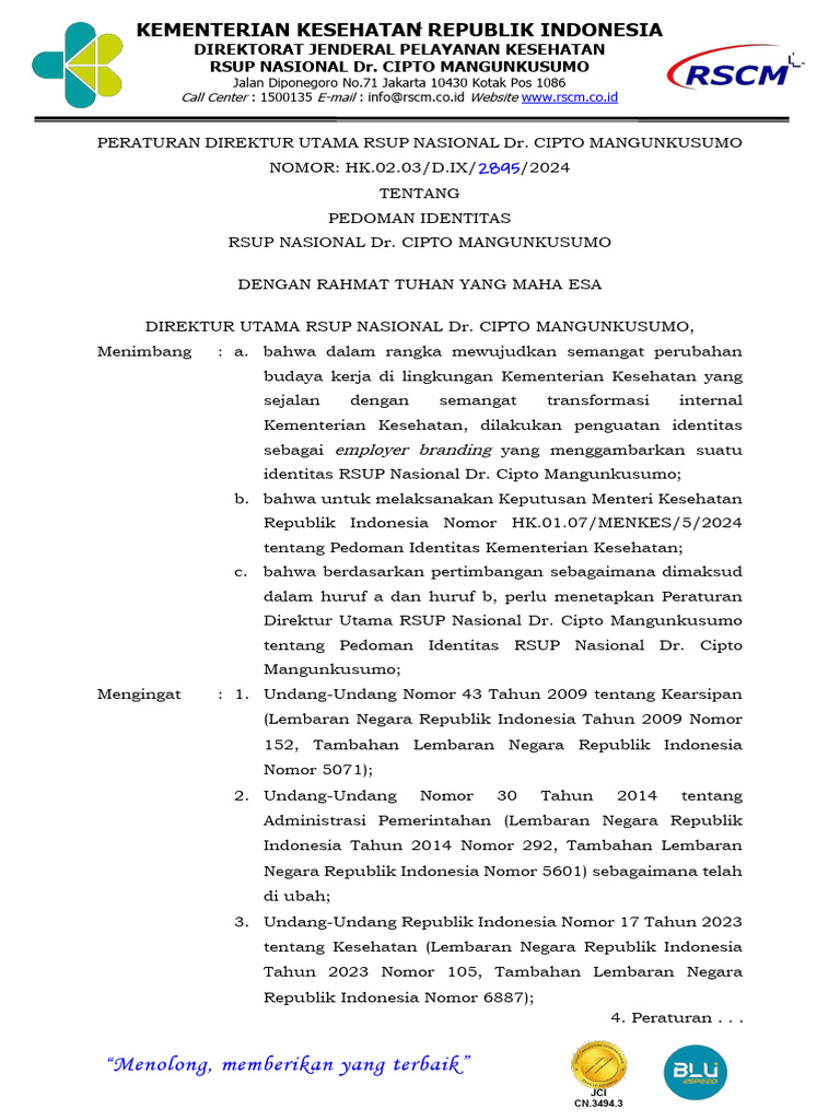 2895 - PERDIR PEDOMAN IDENTITAS RSCM - 19 Februari 2024 | PDF