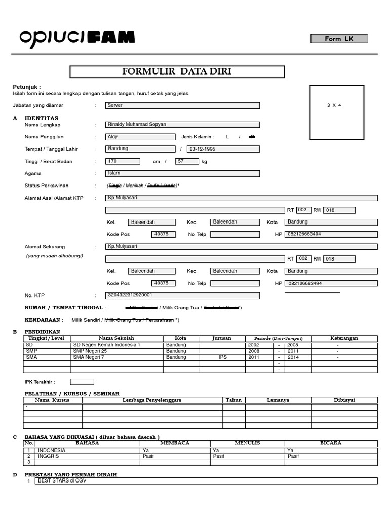 3 Opiucifam - Form Data Diri | PDF