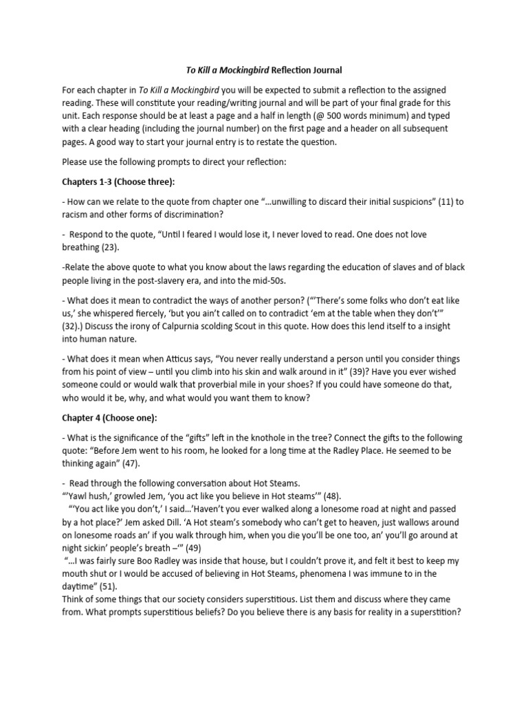 To Kill A Mockingbird Reflection Journal | PDF | To Kill A Mockingbird