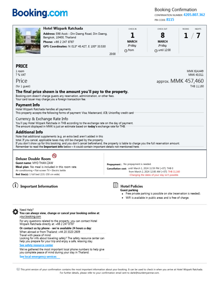 Wizpark Hotel Booking Confirmation | PDF
