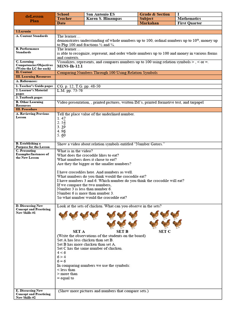 Grade I Relation Symbols 1st Quarter COT | PDF | Teaching | Pedagogy