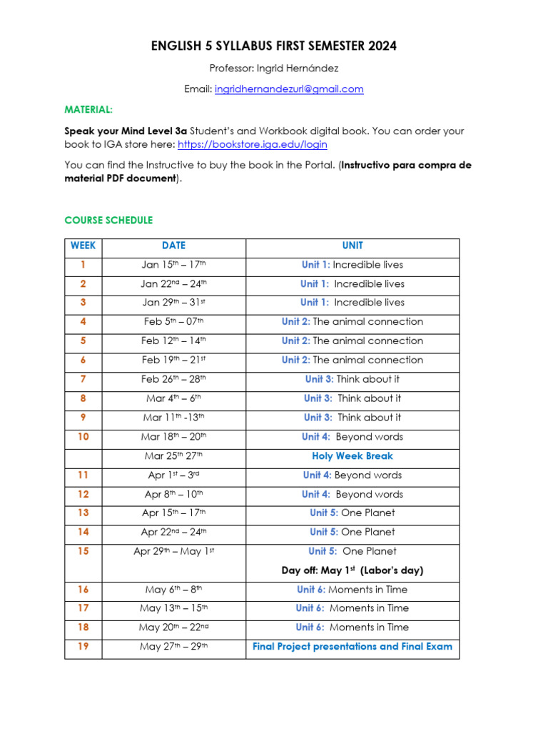English 5 Syllabus 1st Semester 2024 | PDF