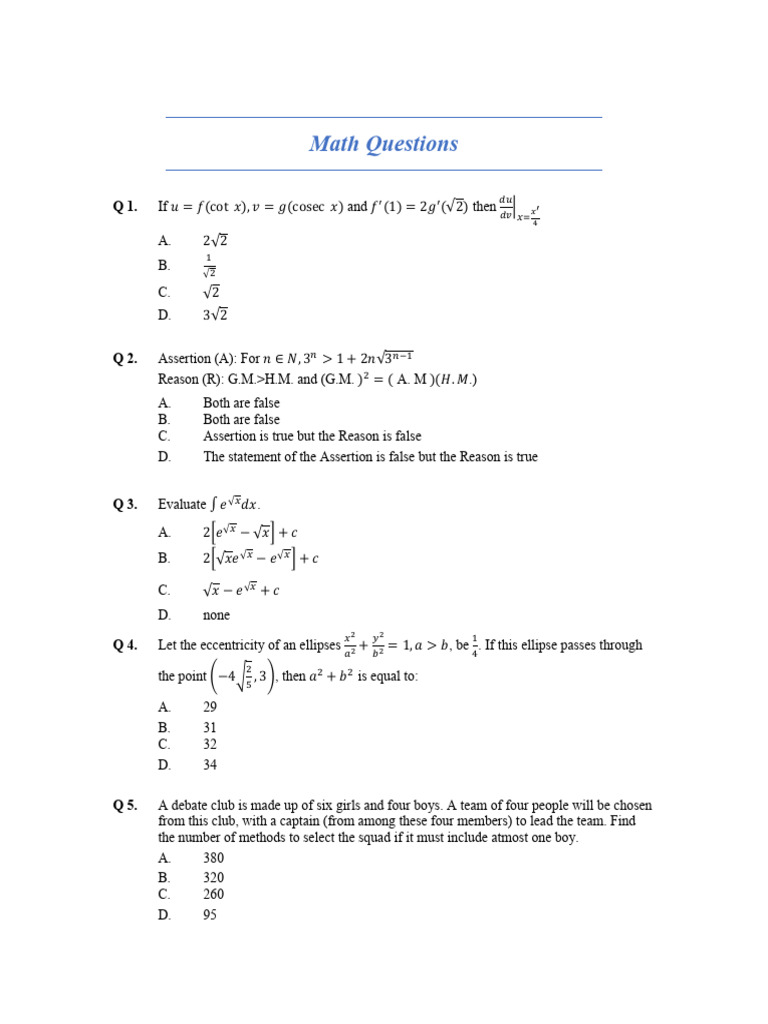 Math and Physics Multiple Choice Questions | PDF