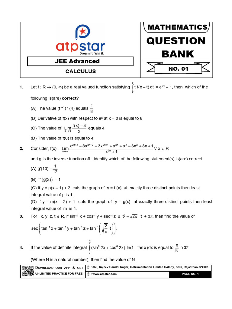 Calculus Advanced Level Question Bank Pdf Function Mathematics
