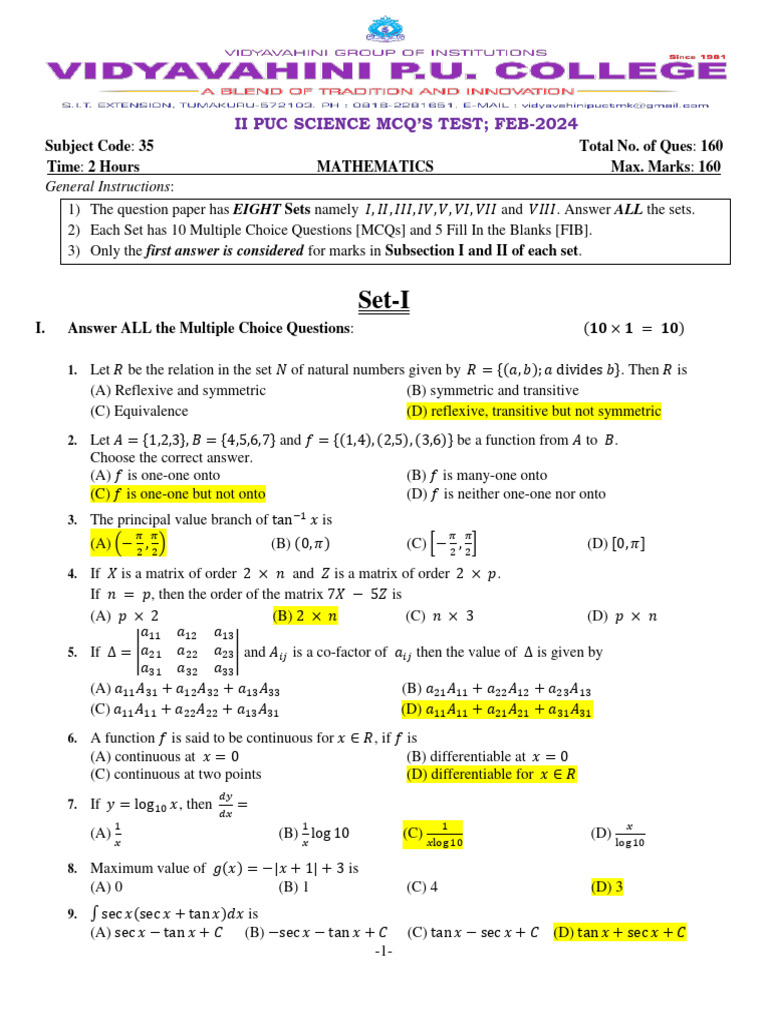 II Pu QP p4 MCQ Ans | PDF | Matrix (Mathematics) | Continuous Function