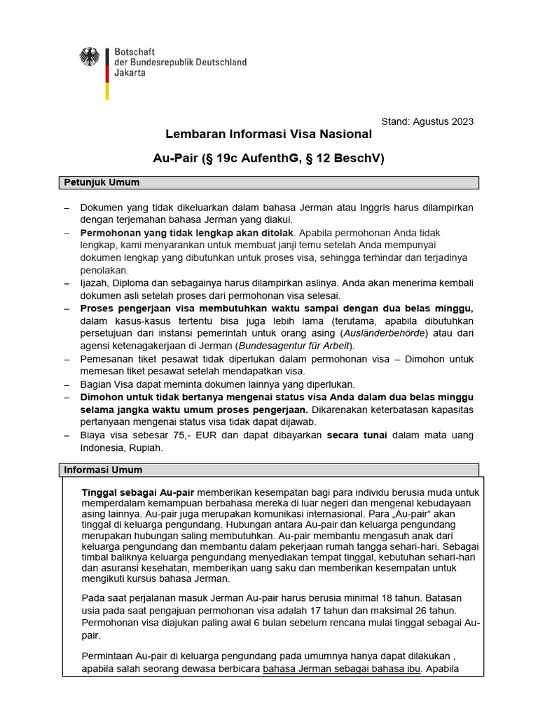 Merkblatt Au Pair Aufenthalt Idn Data | PDF