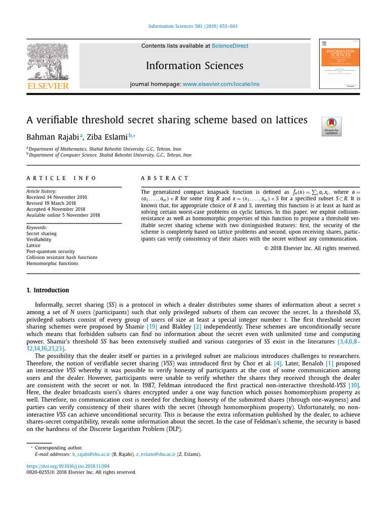 A Verifiable Threshold Secret Sharing Scheme Based On Lattices | PDF | Secure Communication ...