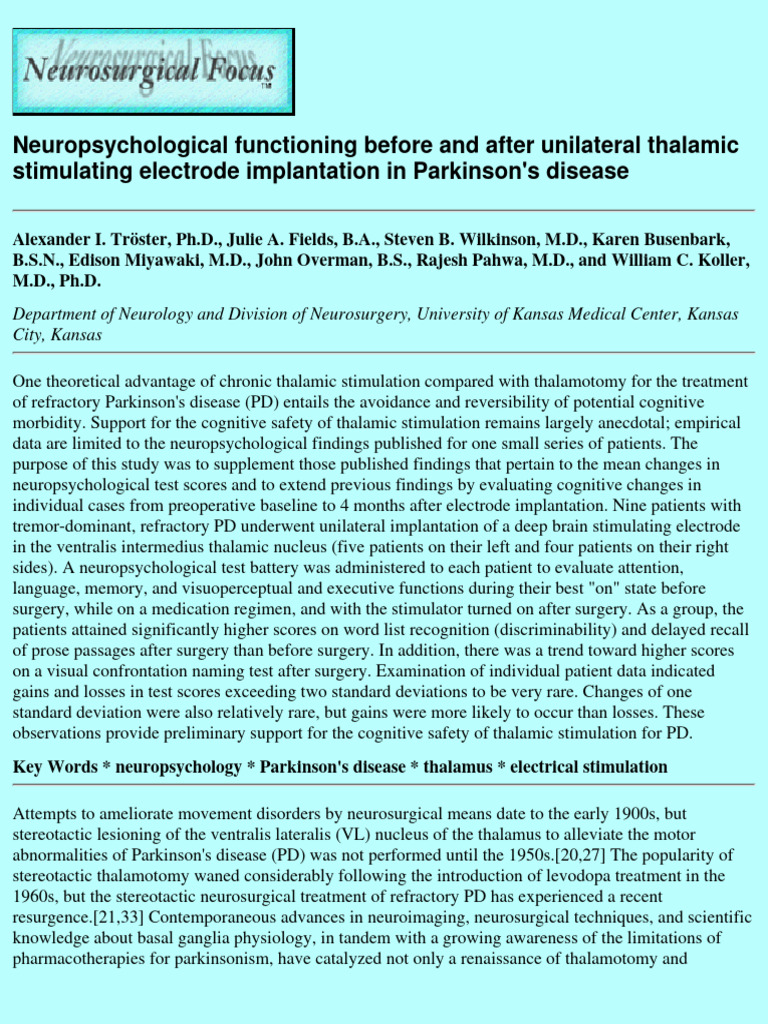 Neuropsychological Functioning Before and After Unilateral Thalamic ...