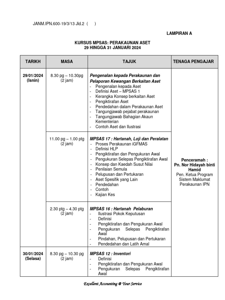 Tentatif Kursus Mpsas Perakaunan Aset Pada 29-31 Jan. 2024 | PDF