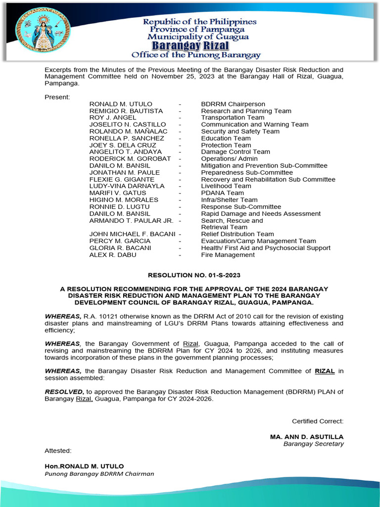 Rizal Final BDRRMC An BDC Resolution For Plan and Budget | PDF