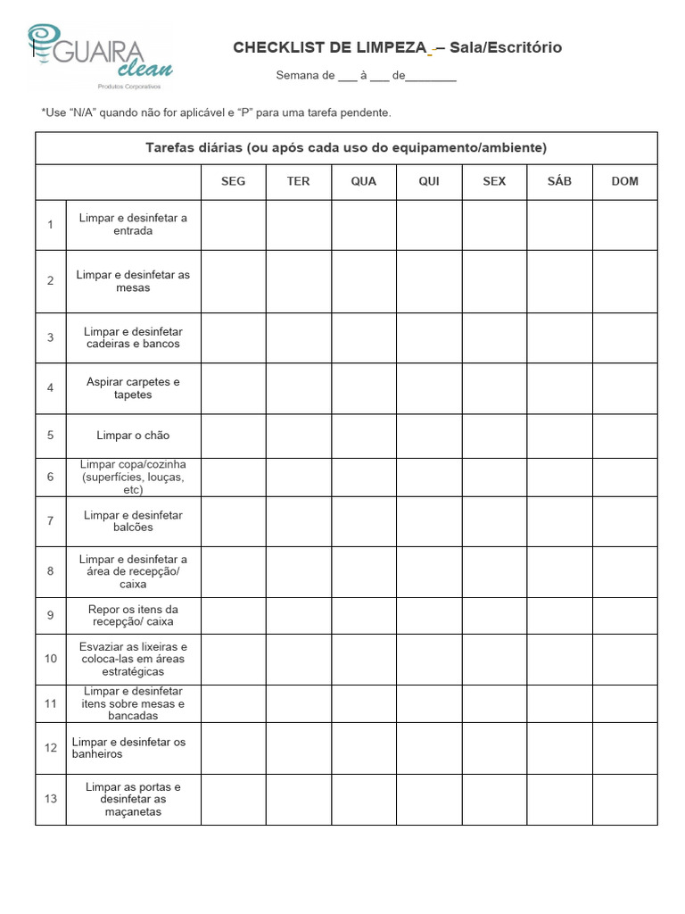 Checklist de Limpeza Sala - Escritorio | PDF