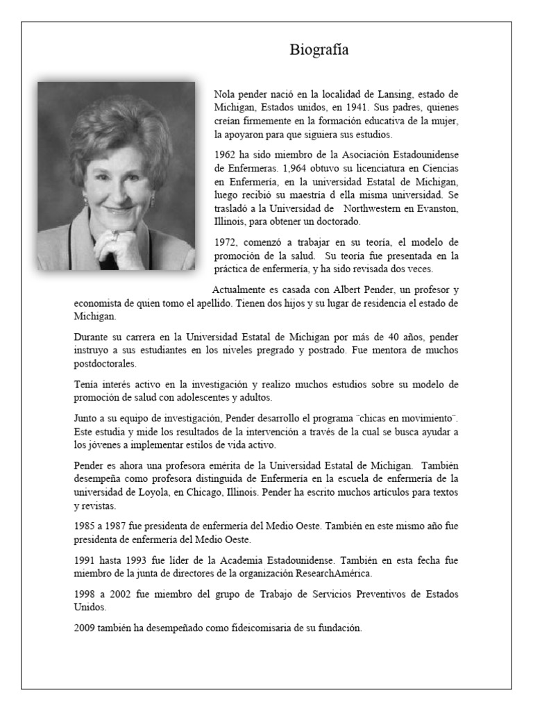 Biografia Nola Pender-Isabel Aguilar | PDF | Enfermería