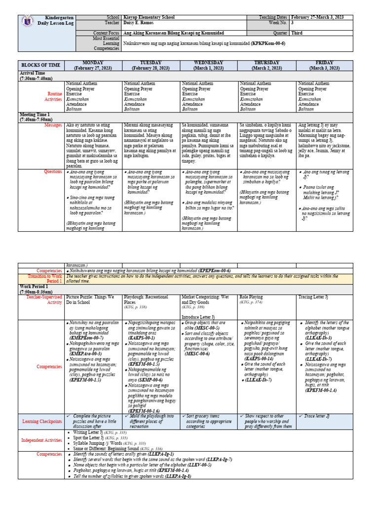 Kindergarten DLL MELC Q3 Week 3 Asf 1 | PDF