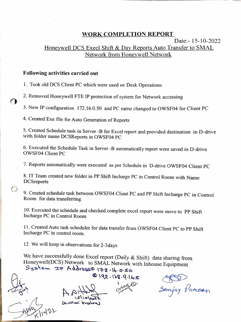 Work Completion Report of Excel Report Sharing From Honeywell DCS ...