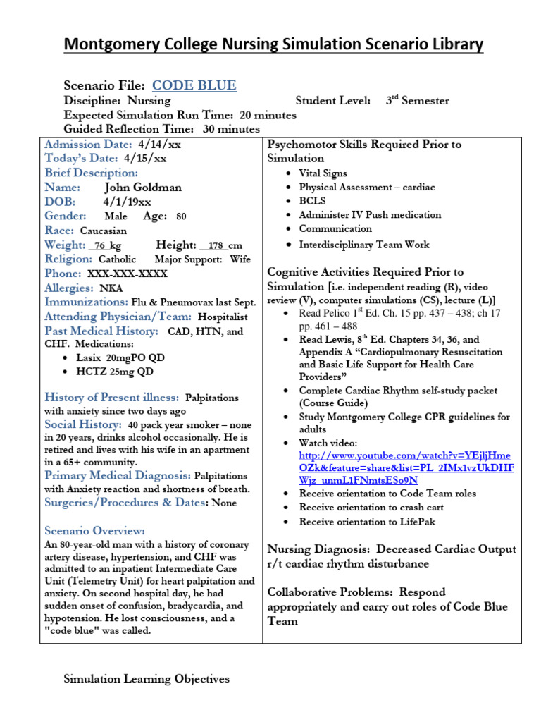 Code Blue Simulation Guide | PDF | Cardiopulmonary Resuscitation | Therapy