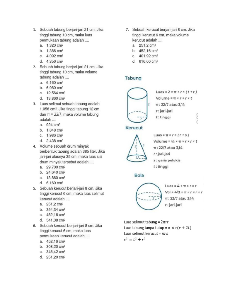 Soal Matematika: Luas dan Volume Tabung & Kerucut | PDF