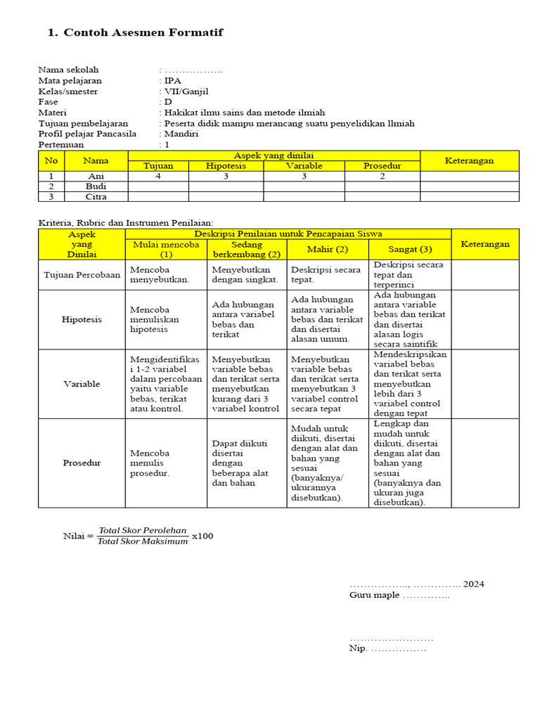Contoh Asesmen Formatif untuk SD | PDF