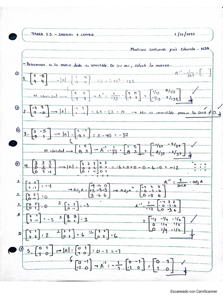 Tarea 2.3 - Inversas y Cramer | PDF