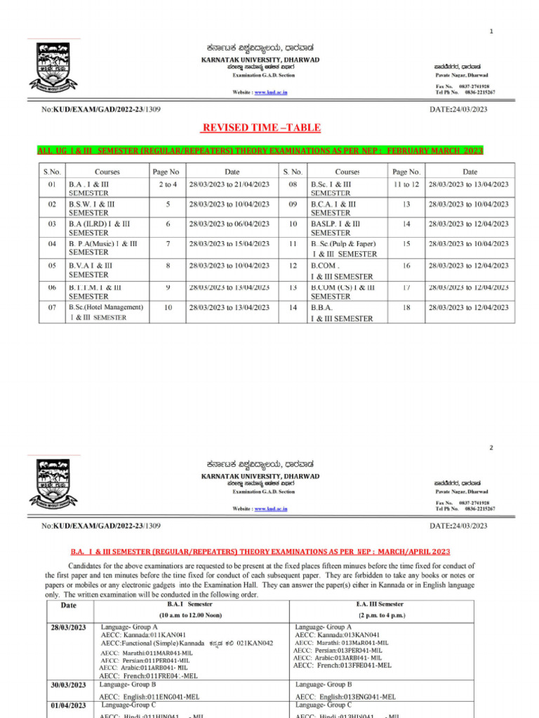 Revised All UG 1 & 3 Sem NEP Time Table 2023 | PDF