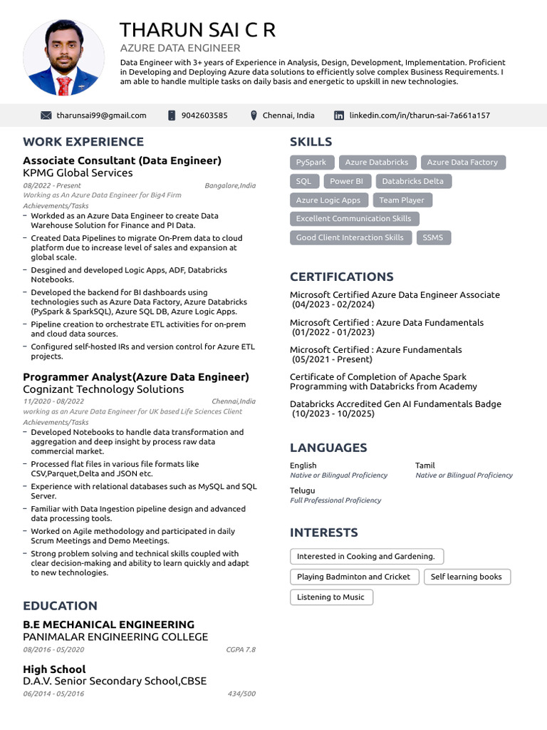 THARUN's Resume | PDF | Microsoft Azure | Apache Spark